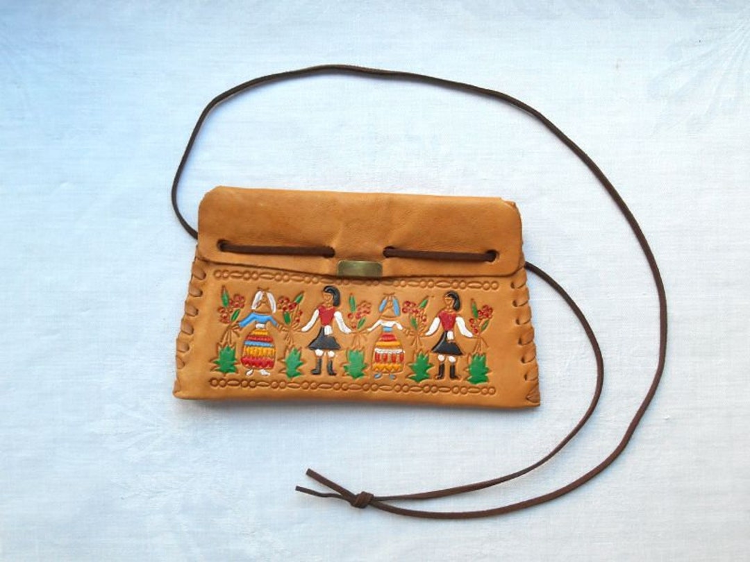 Vintage Tooled Leather Neck Wallet, Hand-painted Folk Art, Greece - Etsy