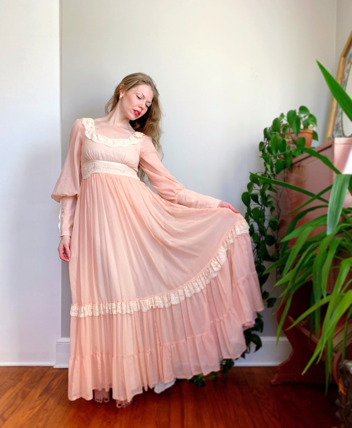 Vintage Peach Pink Gunne Sax Dress Blush Lace Cuffed Bishop Sleeves ...