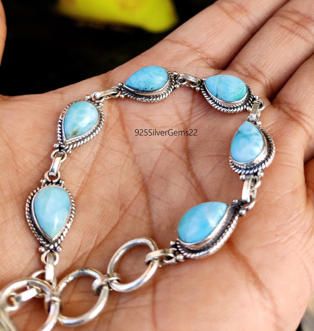 Larimar Bracelet, 925 Sterling Silver Bracelet, Adjustable Bracelet, Gemstone Bracelet, Handmade ...