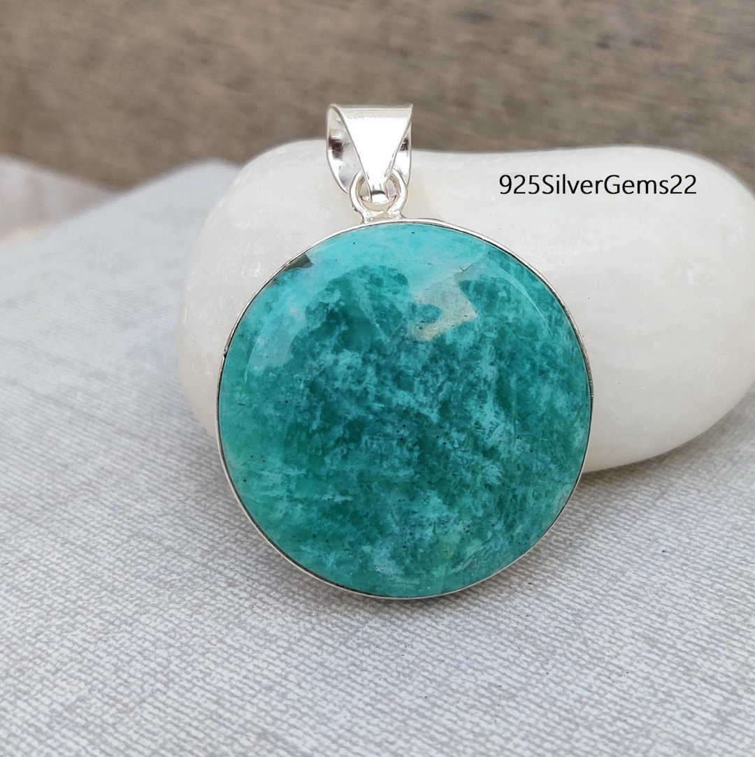 Amazonite Necklace, Silver Necklace, Amazonite Pendant, Round Pendant ...