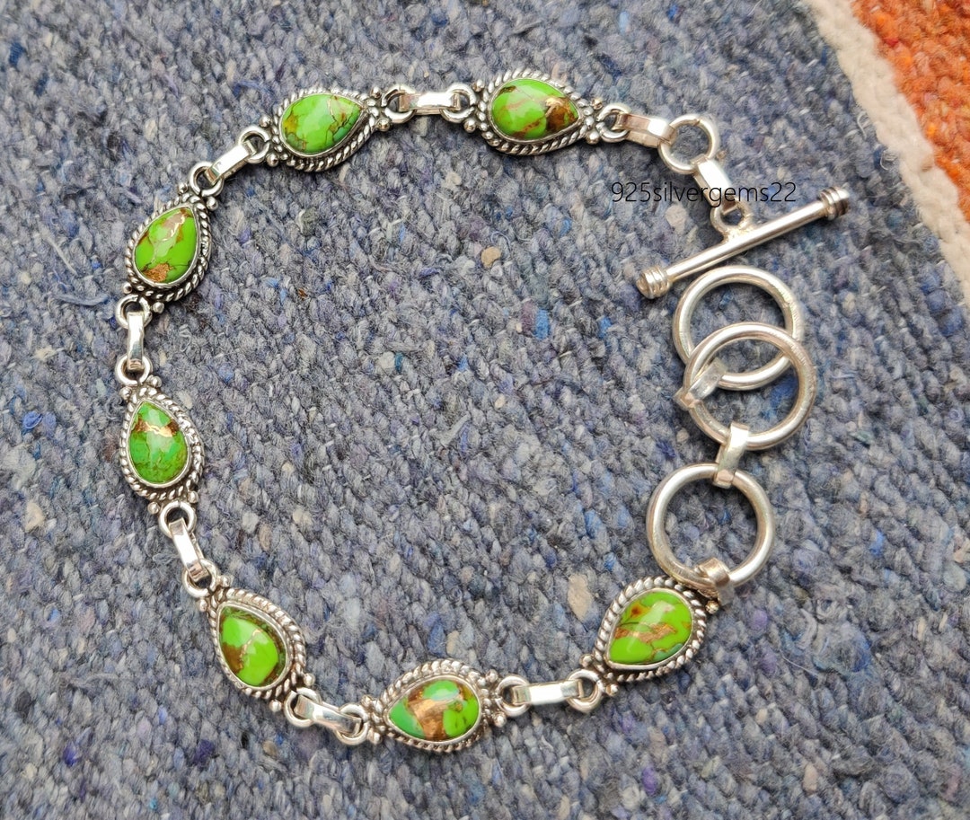 Green Copper Turquoise Bracelet, 925 Sterling Silver Bracelet ...