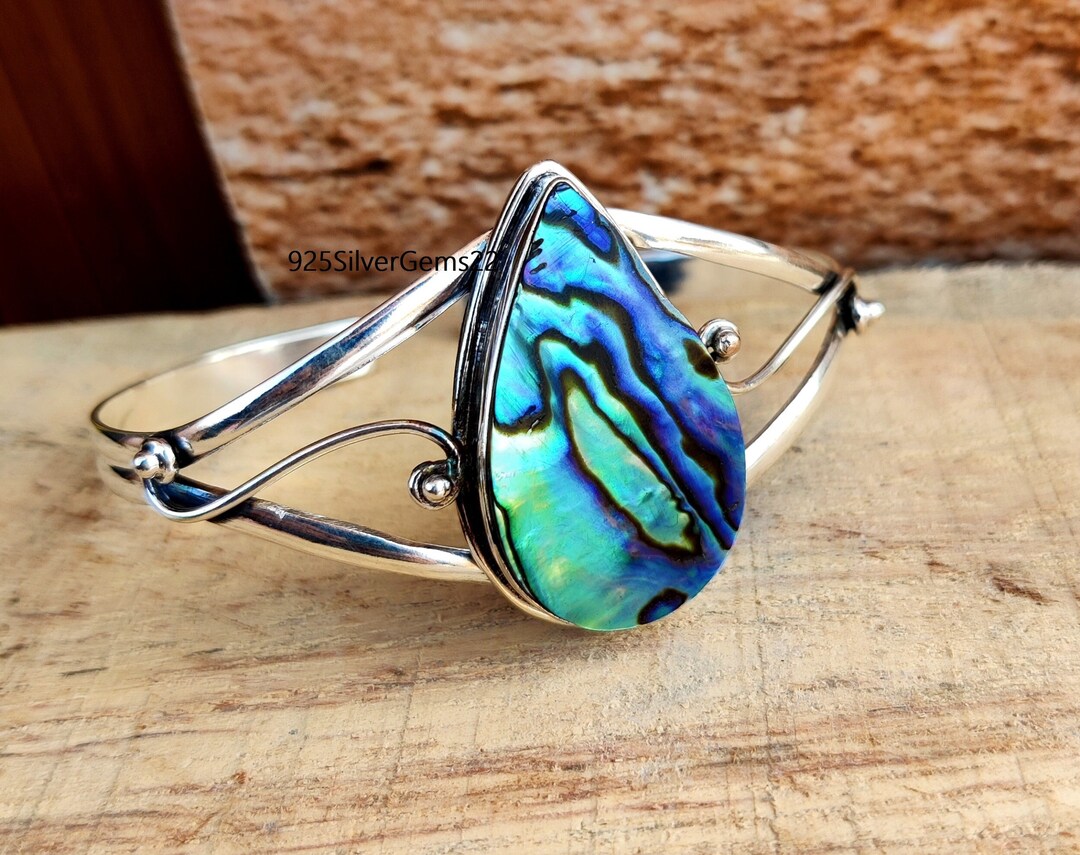 Abalone Bangle, 925 Sterling Bangle, Adjustable Bangle, Gemstone Bangle, Abalone Bracelet, Boho ...