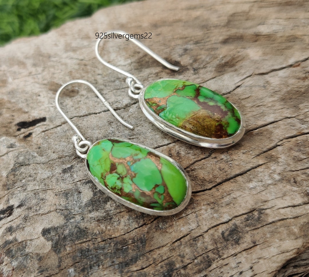 Green Copper Turquoise Earring, 925 Sterling Silver Earring, Green ...