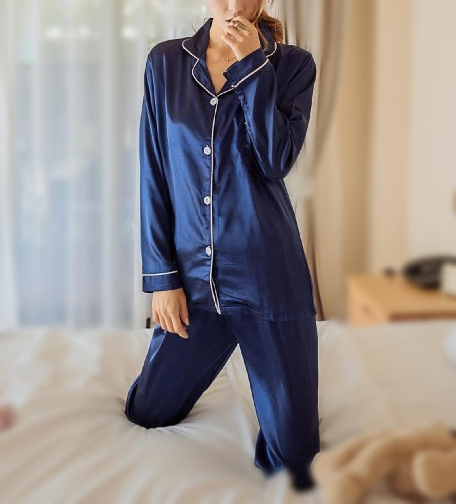 Navy Blue Women Pajamas, Bridal Party, Long Set Pajama, Sleepwear Set ...