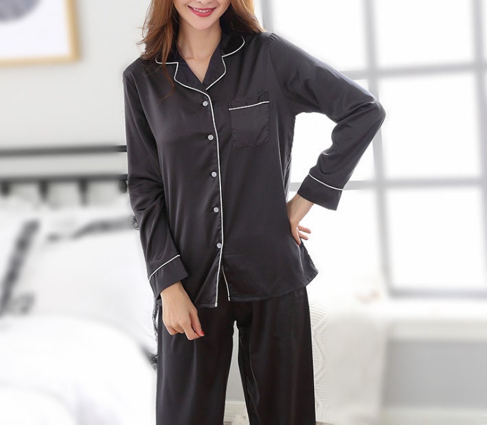 Pajama setSatin silk Set Black pajama Long set pajama | Etsy