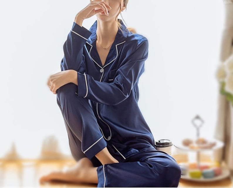 Navy Blue Women Pajamas, Bridal Party, Long Set Pajama, Sleepwear Set ...