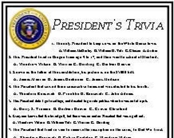 United States President Trivia | Printable Trivia Game | 60 Trivia ...
