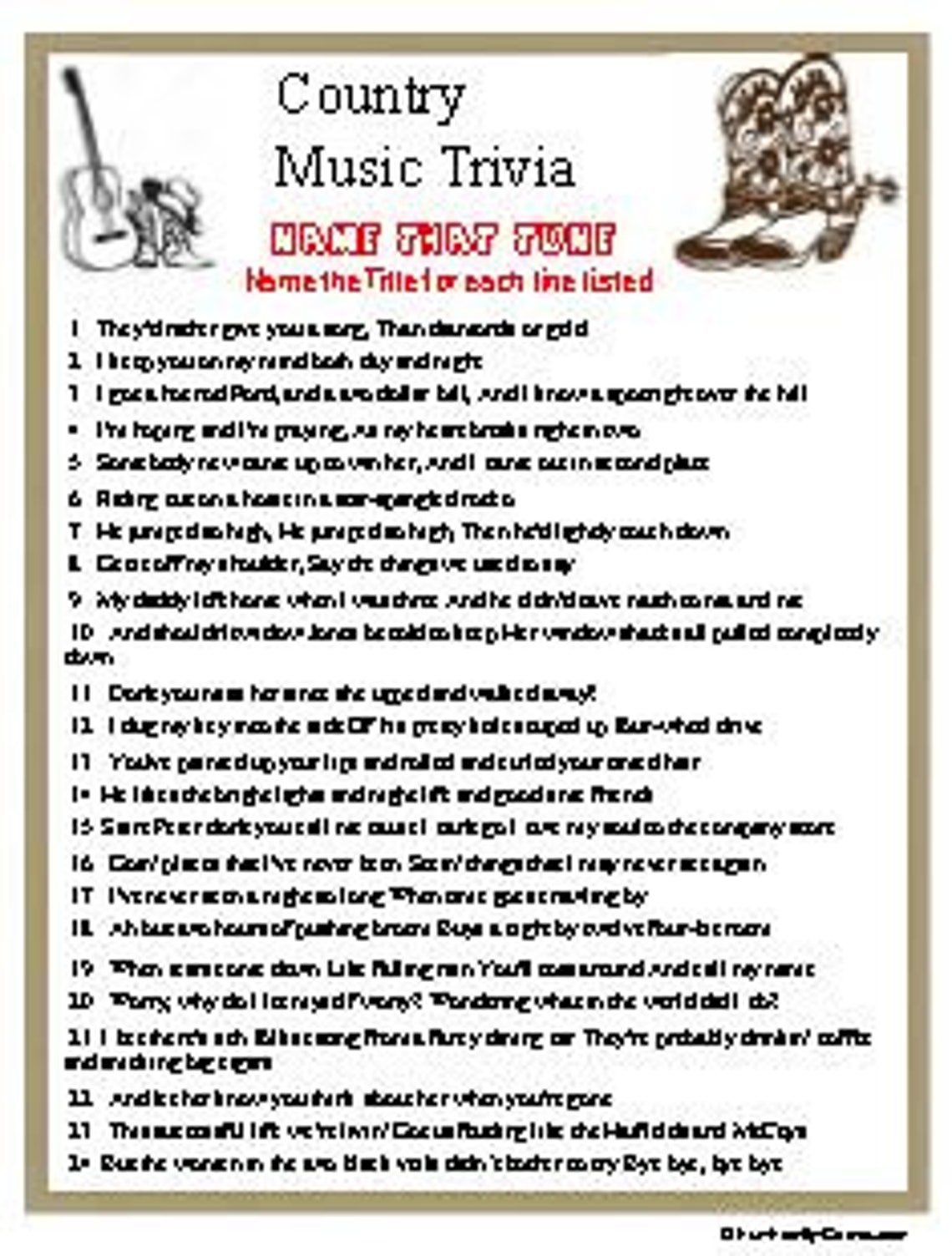 Country Music Trivia, Plus Name That Tune - Etsy