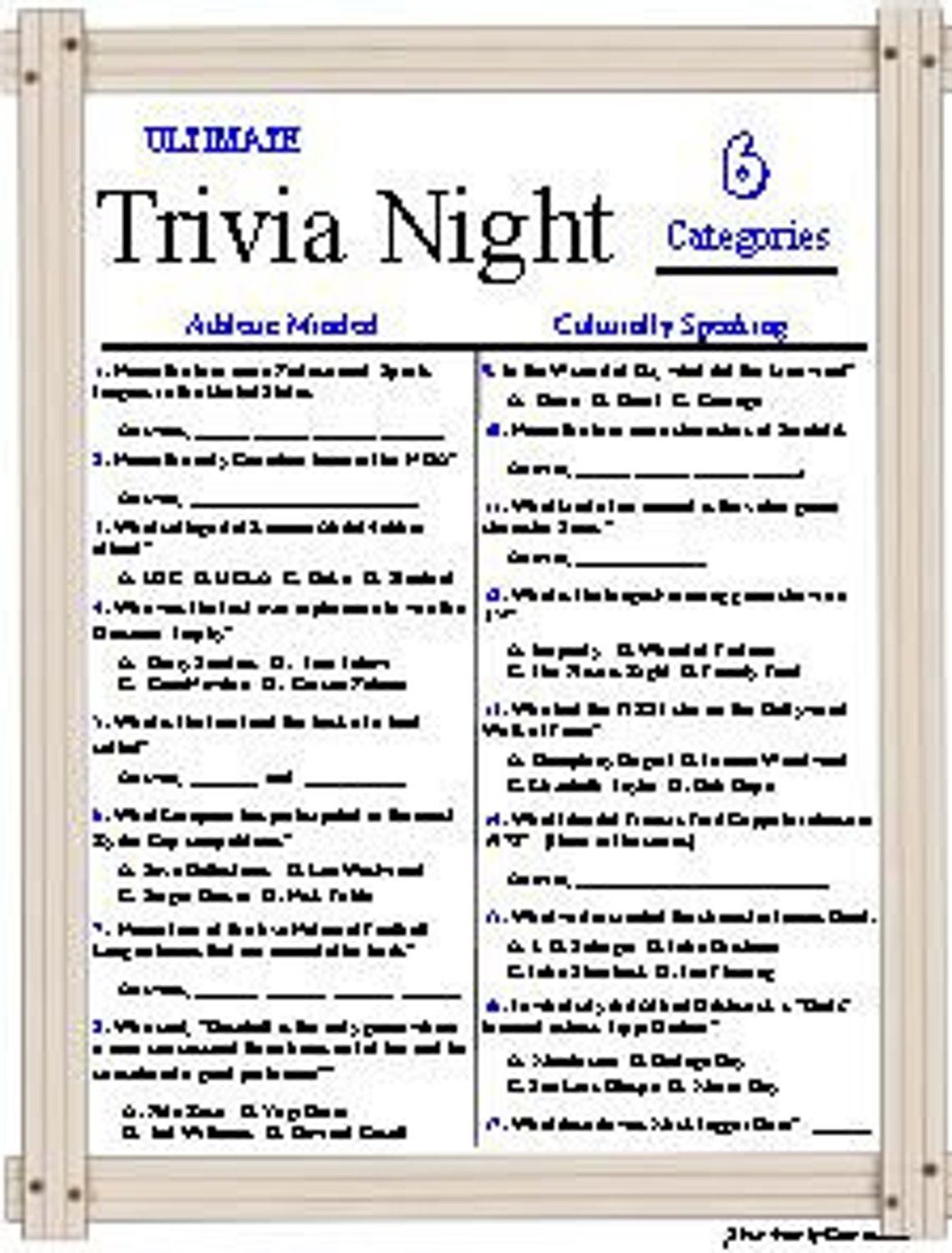 Trivia Night Fun, 6 Different Categories - Etsy