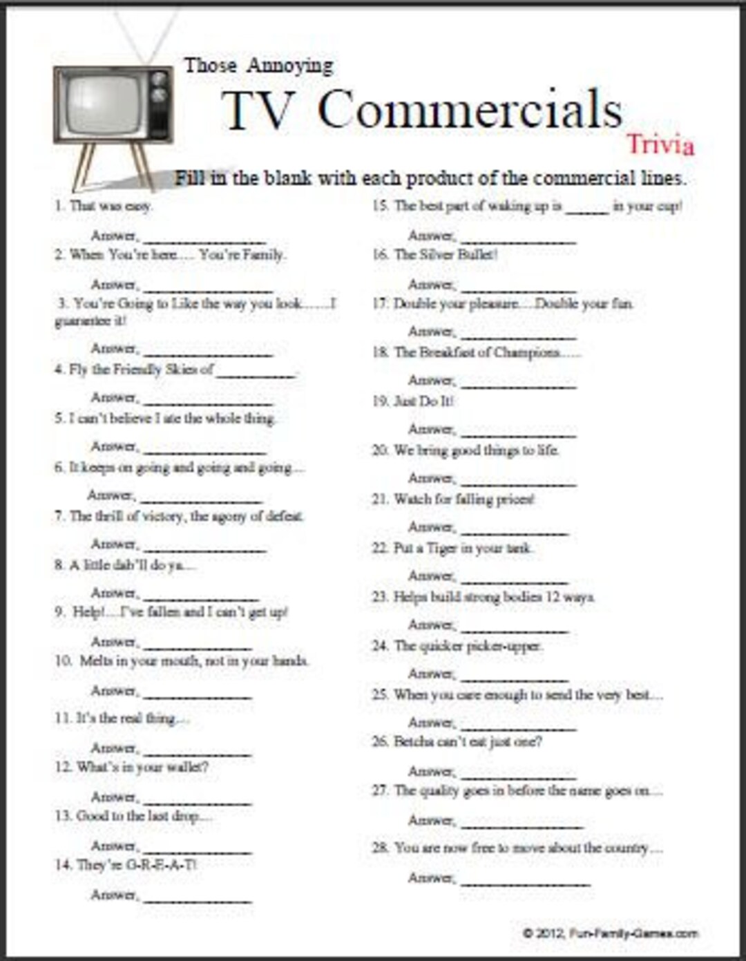 TV Commercials Trivia - Etsy