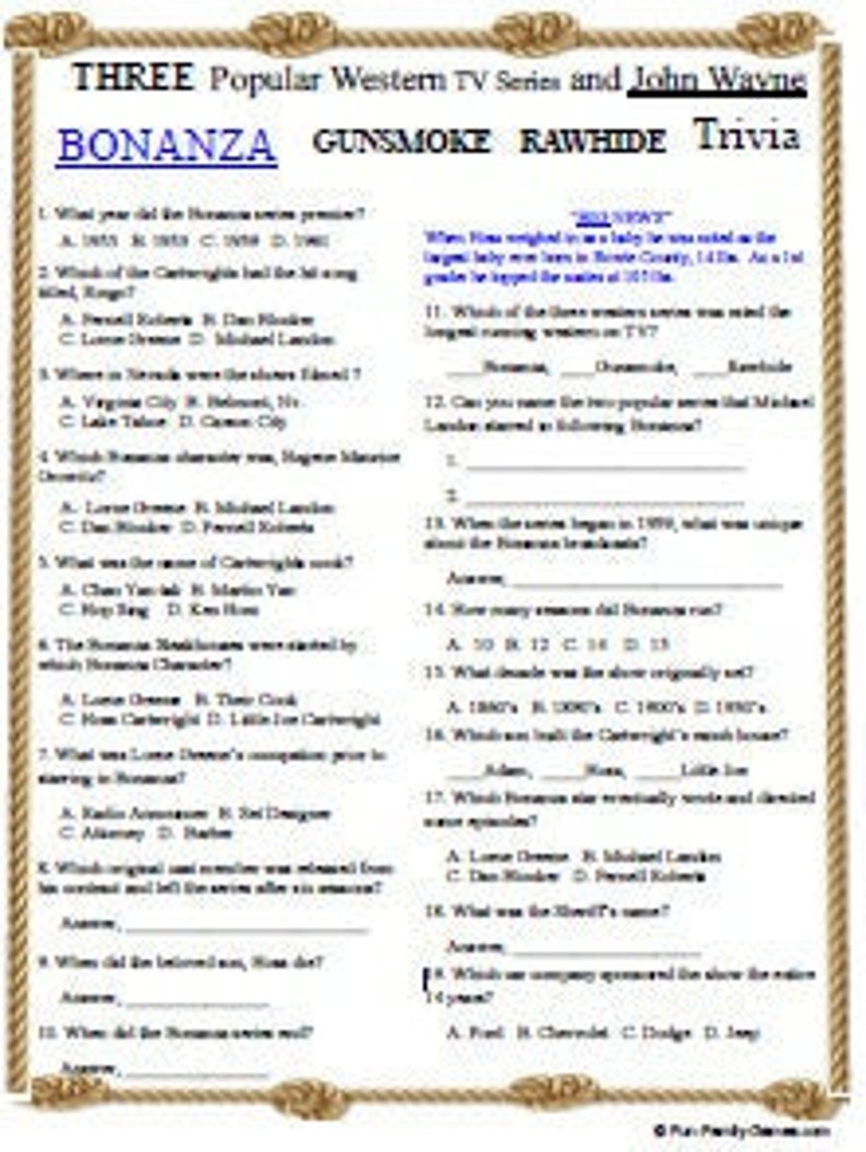 Bonanza, Gunsmoke, Rawhide, and John Wayne Trivia - Etsy