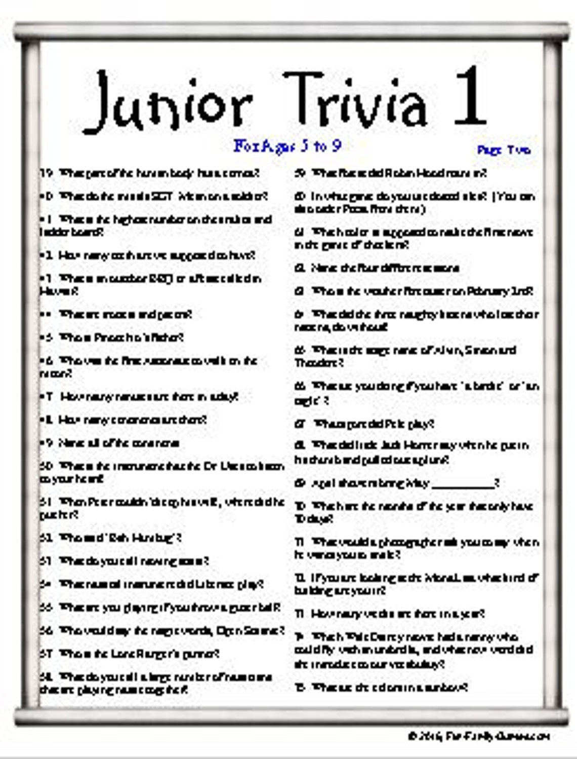 Junior Trivia 1, Suitable for Ages 5 to 9. - Etsy