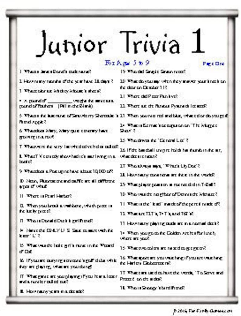 Junior Trivia 1, Suitable for Ages 5 to 9. - Etsy