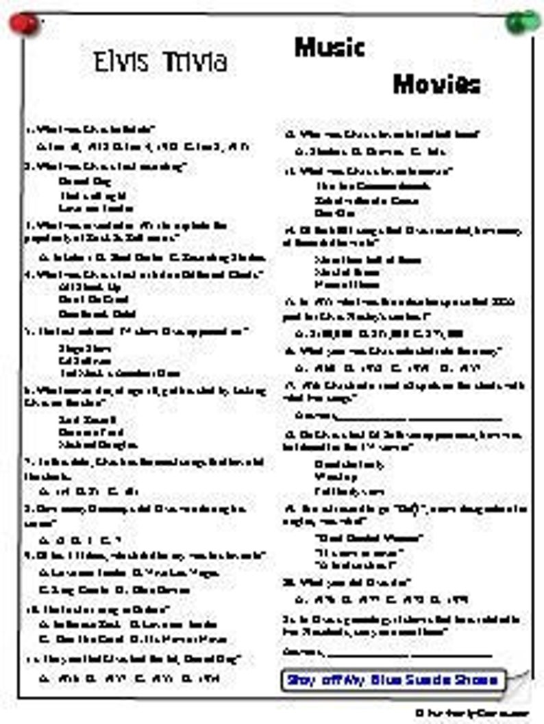 Elvis Trivia, Elvis Movies Trivia, and Elvis Love Songs Trivia - Etsy