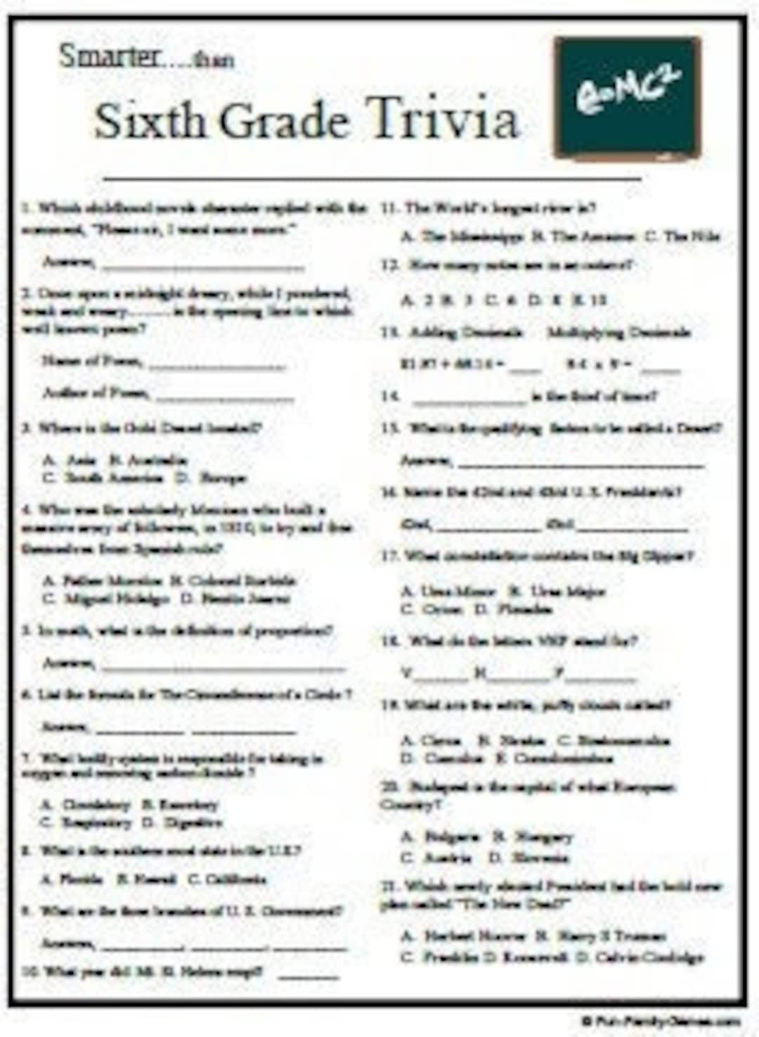 A Smart Sixth Grader, Trivia Challenge - Etsy