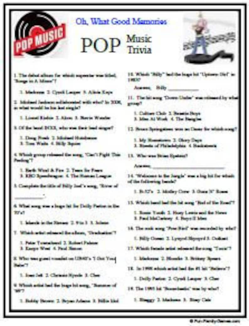 POP Music Trivia....oh, What Good Memories - Etsy