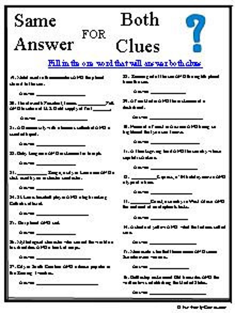 Same Answer Quiz, Both Clues, and a No Category Trivia - Etsy UK