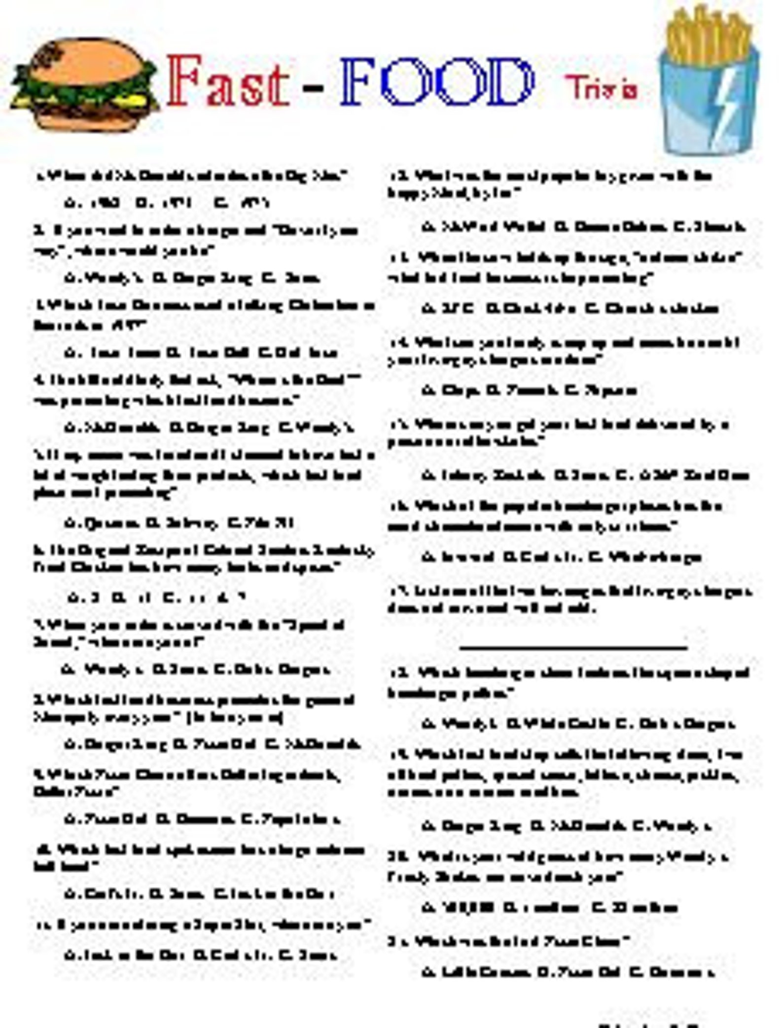 Food, Fast-food and Food Mascot Trivia - Etsy