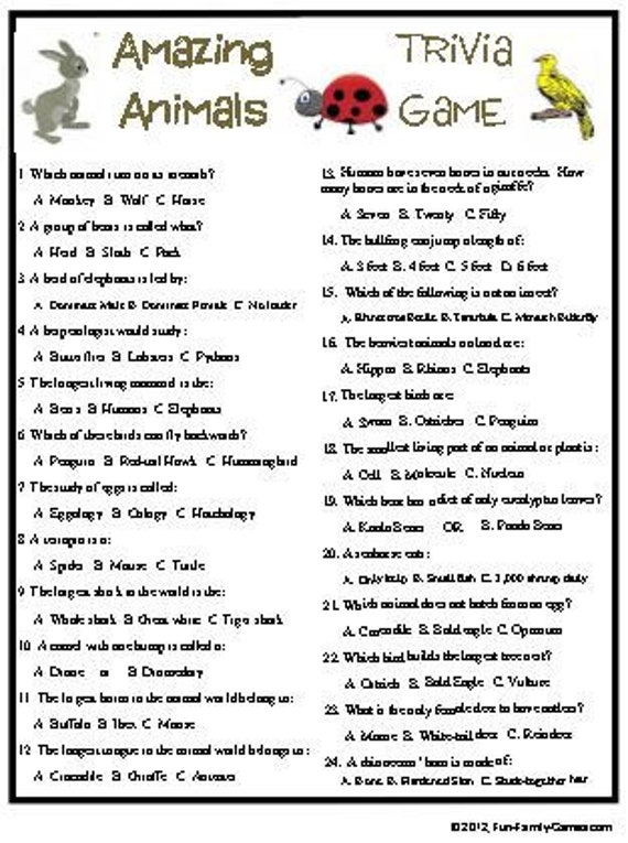Amazing Animals Trivia Game Etsy