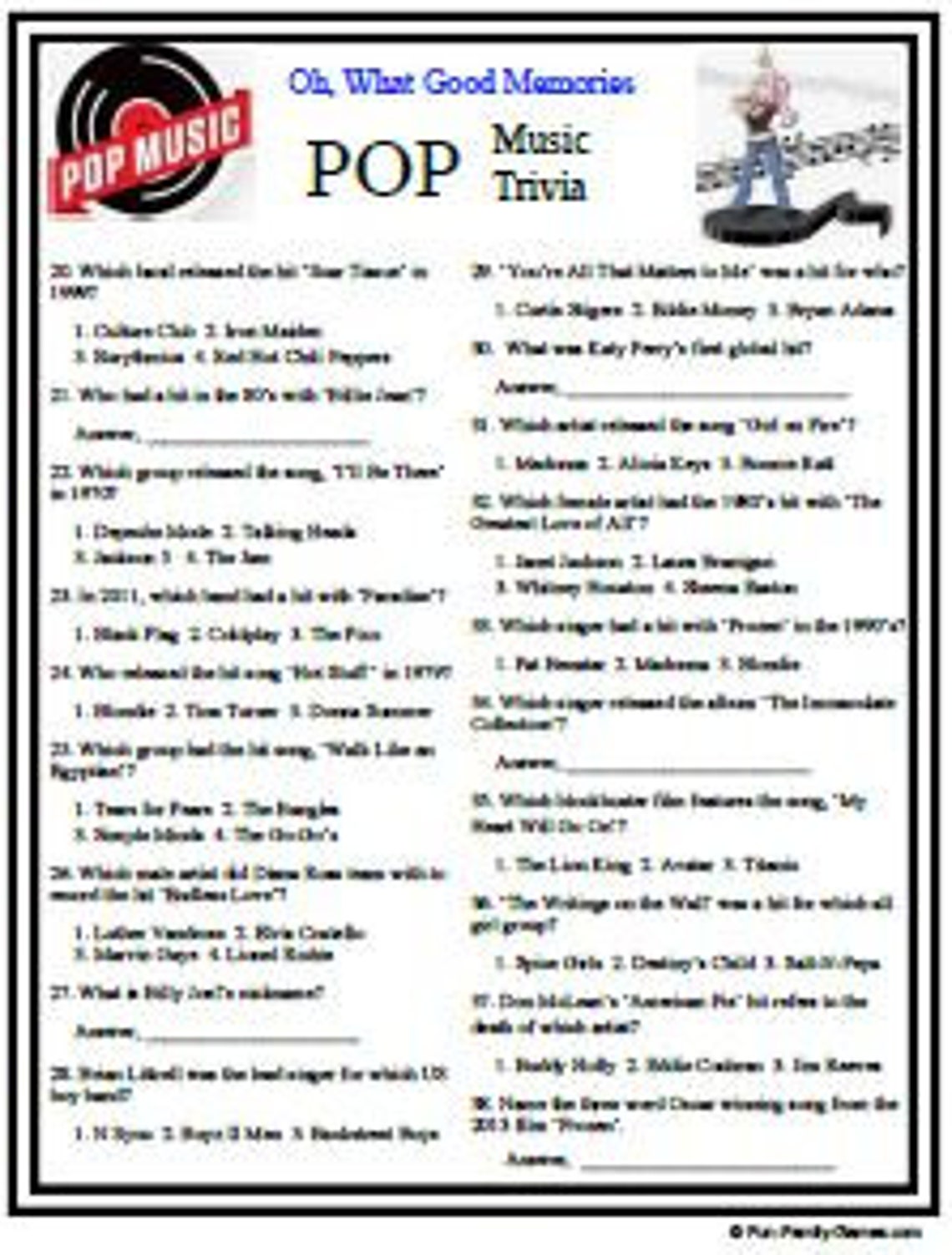 POP Music Trivia oh What Good Memories Etsy UK