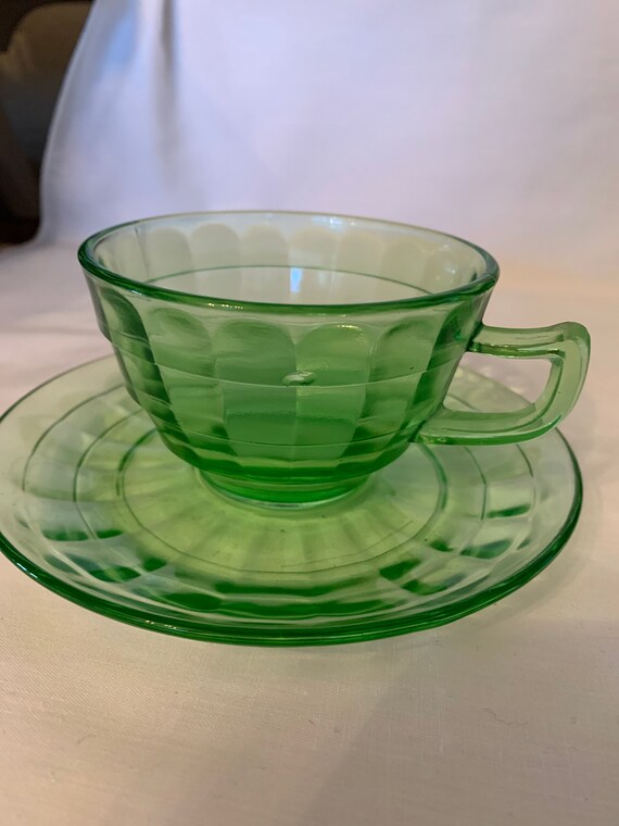 Tea Cups & Sets DEPRESSION GLASS Tea Cups Set of 6 Green Glass Cups ...
