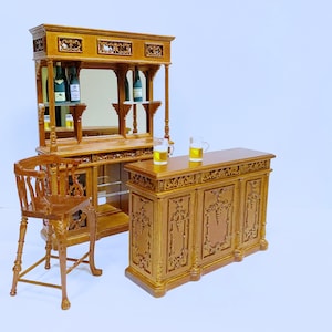 2pcs Dollhouse Miniature Hand-made Wooden Walnut Low Bar Counter & Back ...