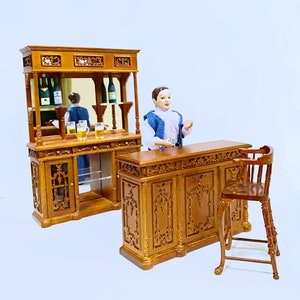 2pcs Dollhouse Miniature Hand-made Wooden Walnut Low Bar Counter & Back ...