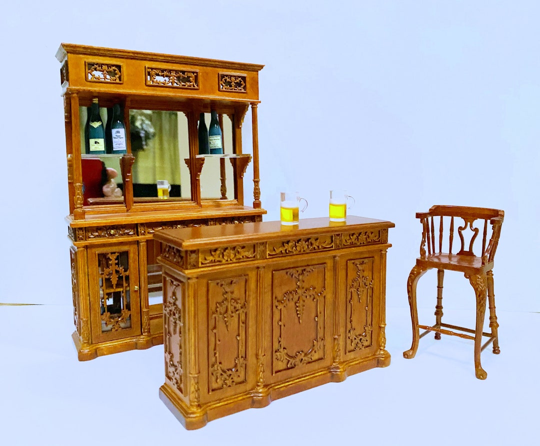 2pcs Dollhouse Miniature Hand-made Wooden Walnut Low Bar Counter & Back ...