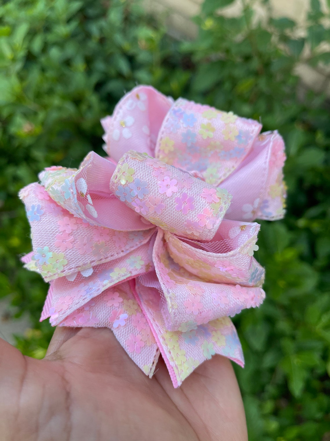 HANDMADE . Pink Hair Bow. Pink Flowers Hair Bow. Pink Sequin Flowers ...
