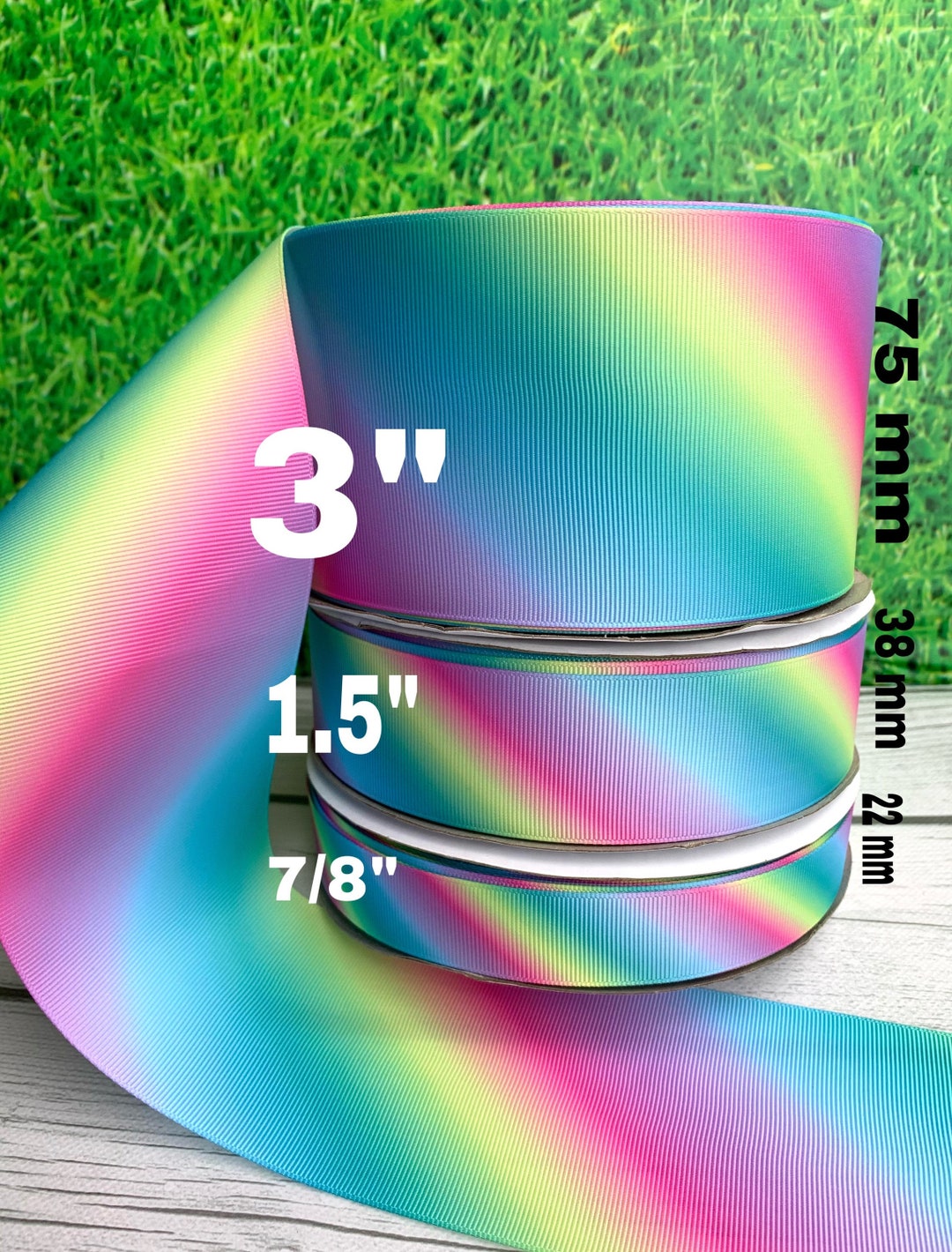 CRAFT SUPPLY 3”,1.5" ,7/8” Pastel Ombre Grosgrain Ribbon. Rainbow ...