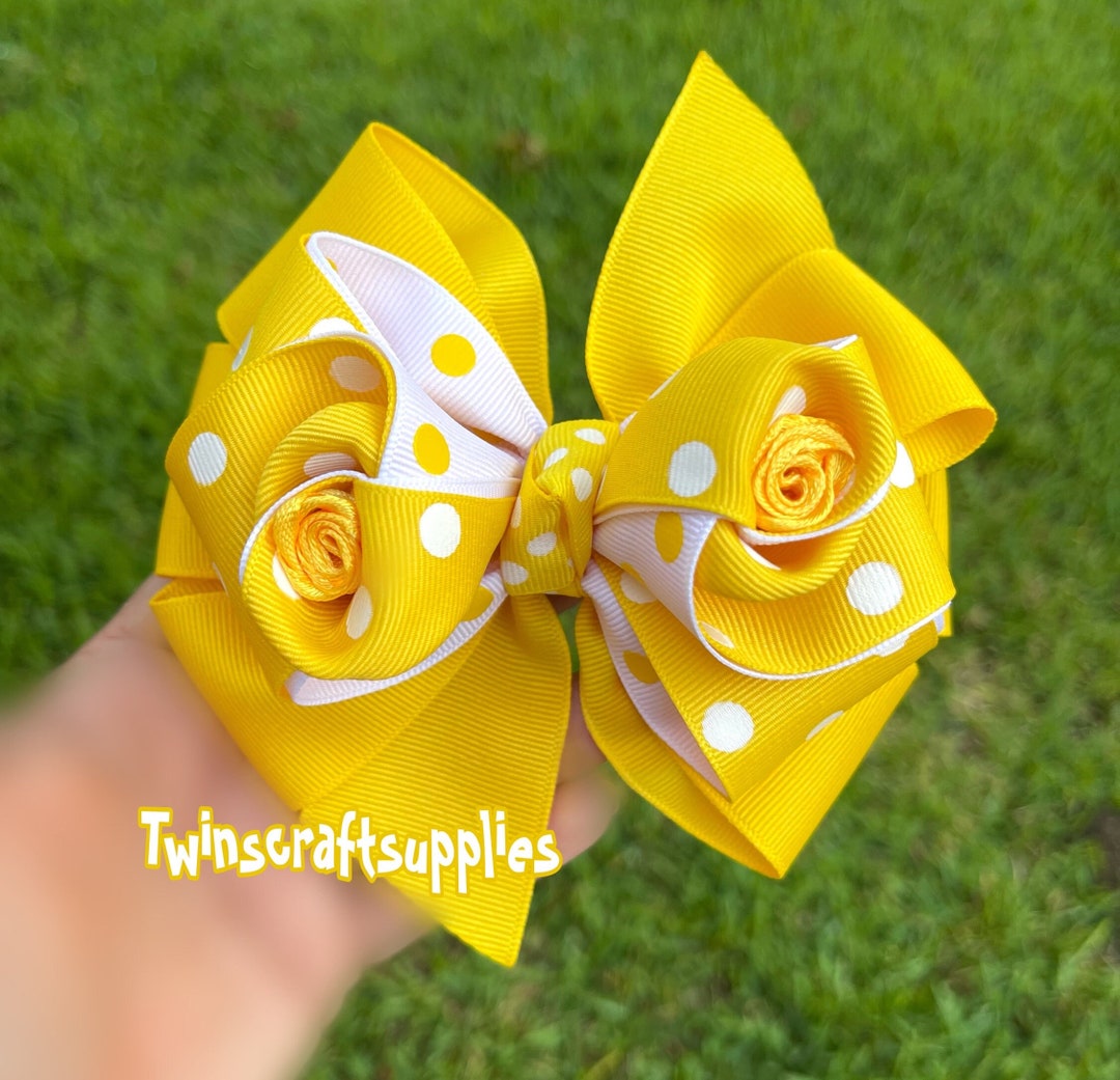HANDMADE. Yellow Hair Bow. Yellow Polka Dots Hair Bow . Yellow White ...