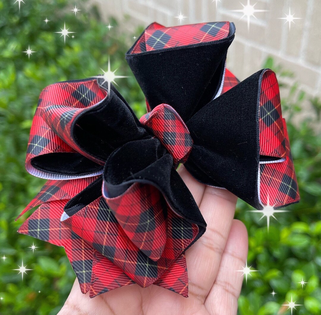 HANDMADE. Black Velvet and Red Plaid Hair Bow. Red and Black Hair Bow . Christmas Hair Bow. Red ...