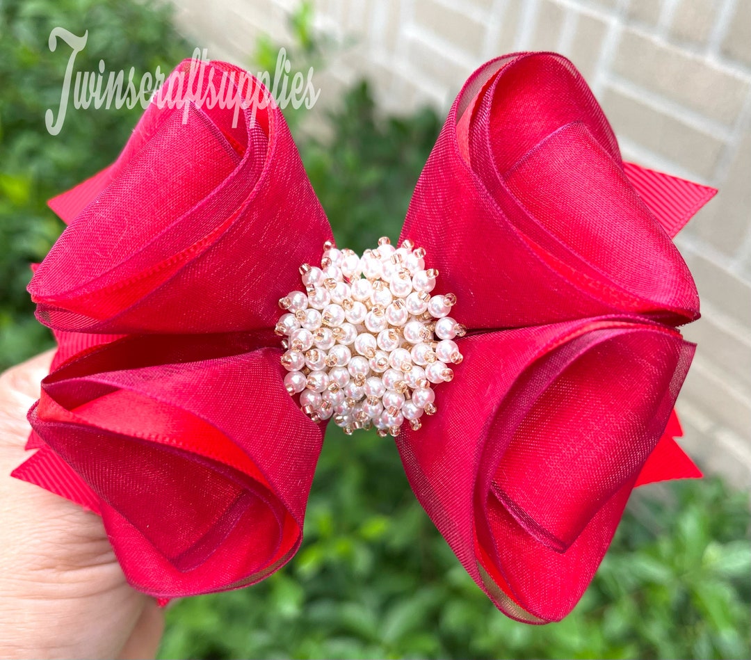 HANDMADE. Red Hair Bow. Red Pageant Hair Bow. Red Wedding Flowers Girl ...