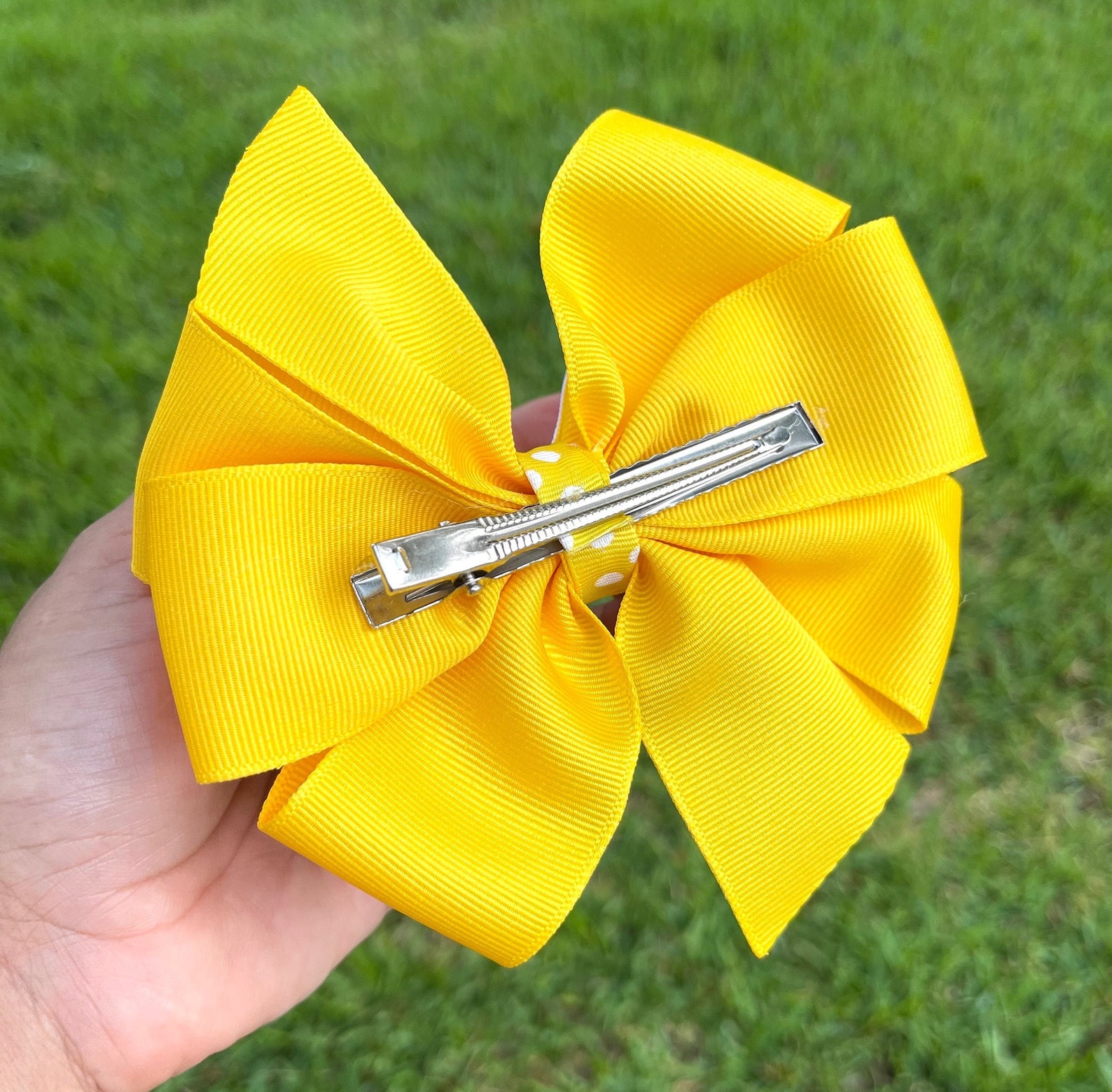 HANDMADE. Yellow Hair Bow. Yellow Polka Dots Hair Bow . Yellow White ...