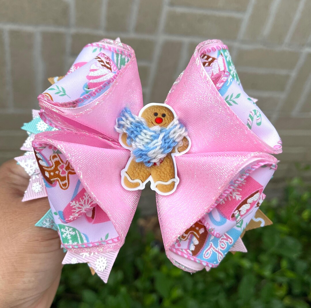 Pink Blue Gingerbread Hair Bow. Pastel Gingerbread Clip Bow. Christmas ...