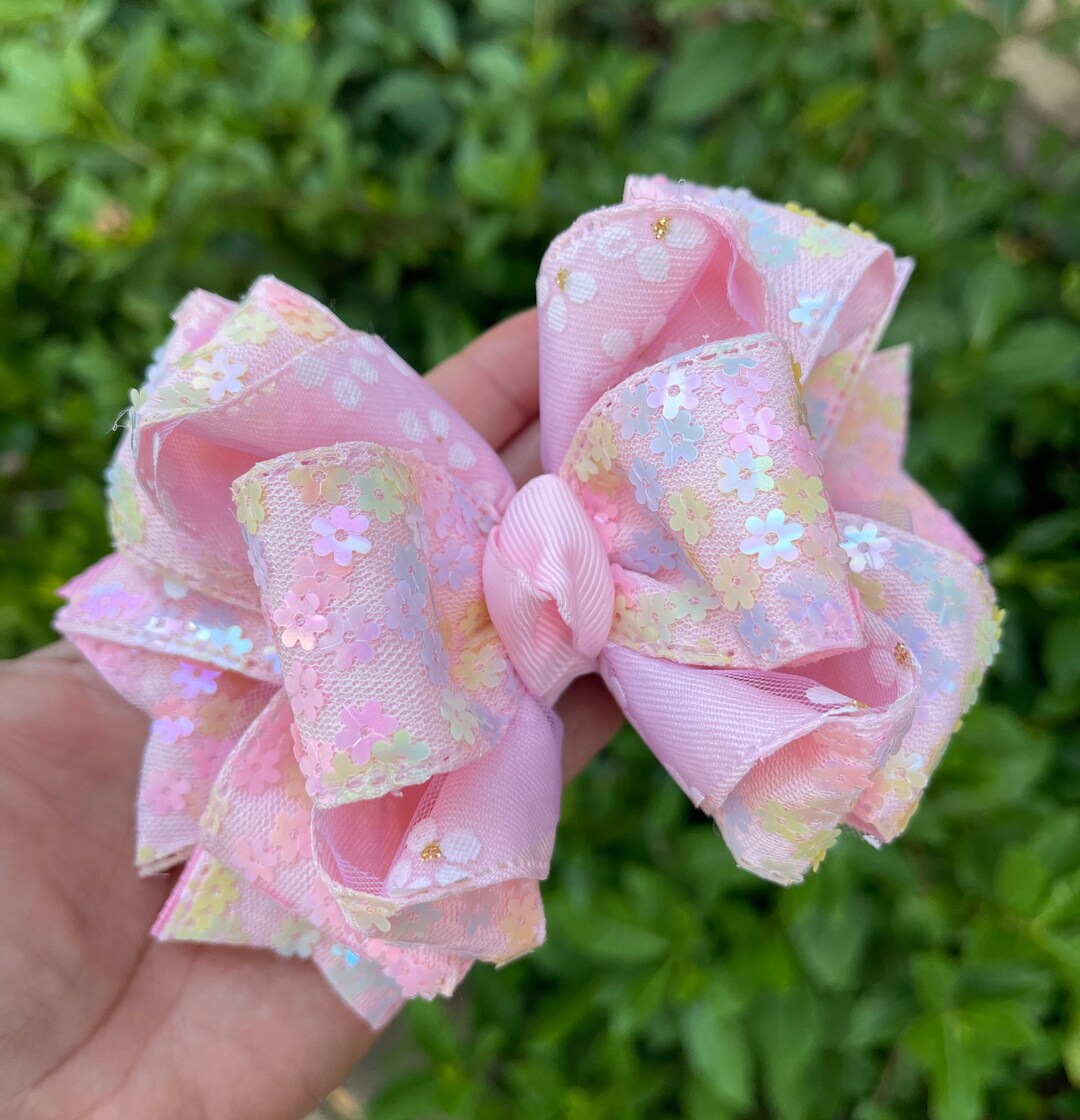 HANDMADE . Pink Hair Bow. Pink Flowers Hair Bow. Pink Sequin Flowers ...