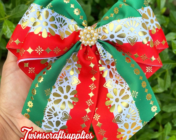 HANDMADE. Tricolor and Gold Hair Bow. Tricolor Mariachi Hair Bow ...