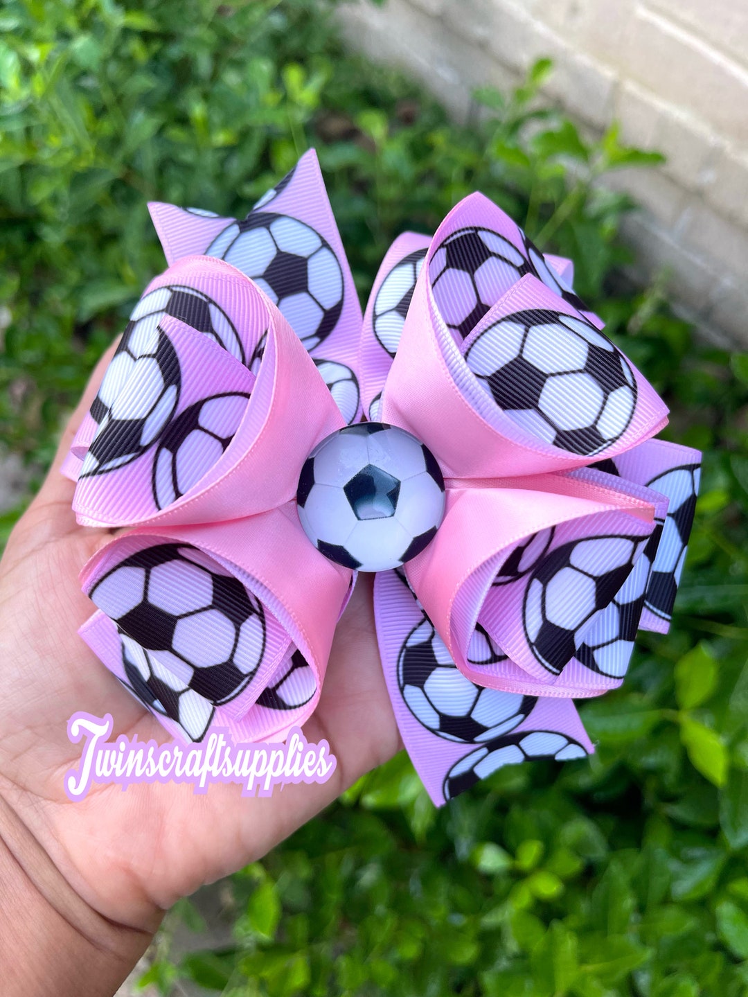 HANDMADE. Pink Soccer Hair Bow. Soccer Hair Bow . Pink Soccer Clip Bow ...