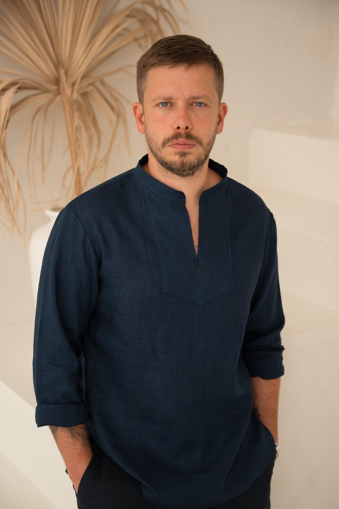 Men’s Linen Shirt With 2/3 Sleeves – Stonewashed, Lightweight, and ...
