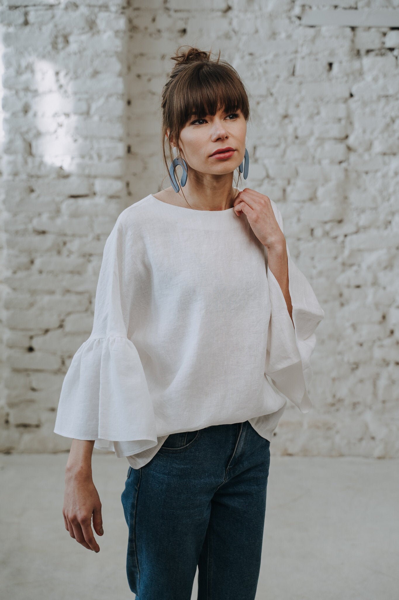 White Linen Blouse With Butterfly Sleeves Stonewashed Linen READY TO ...