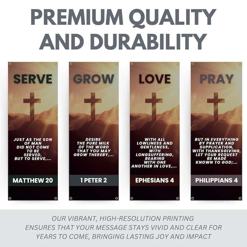 Set of 4 Church Banners, Serve, Grow, Love Pray, Church Banner Set ...