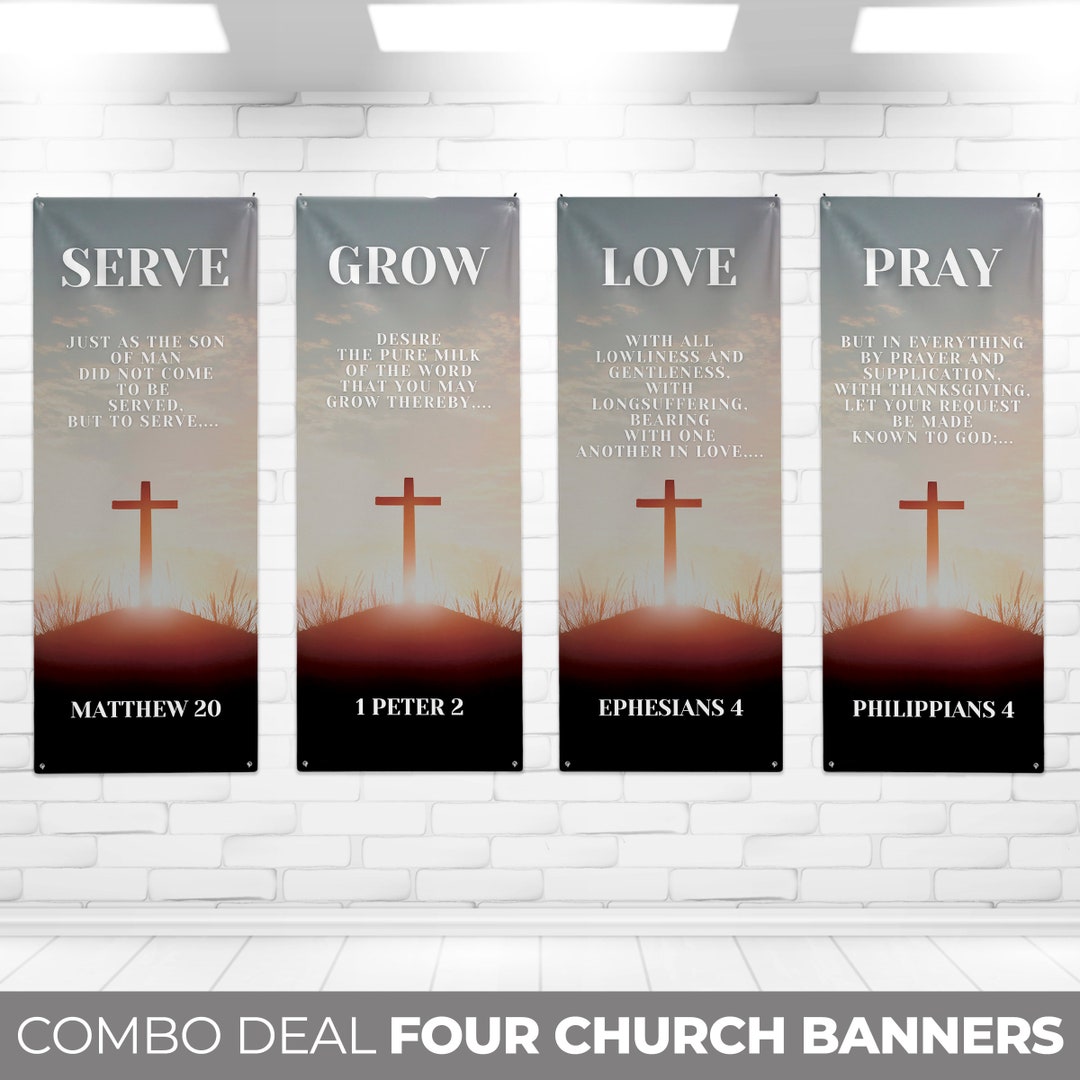 Set of 4 Church Banners, Serve, Grow, Love Pray, Church Banner Set ...