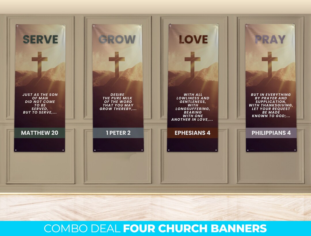Set of 4 Church Banners, Serve, Grow, Love Pray, Church Banner Set ...
