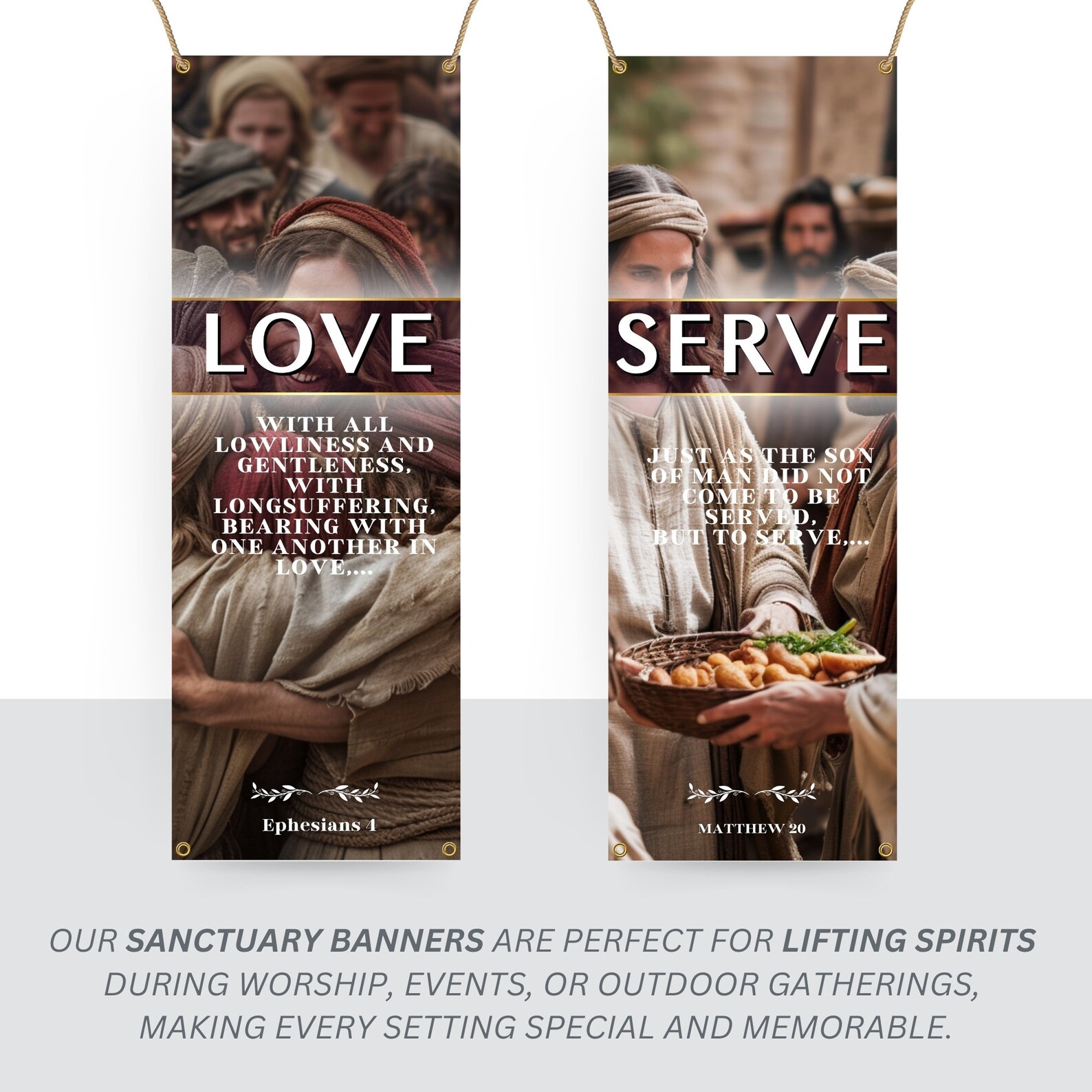 Set of 4 Church Banners, Serve, Grow, Love Pray, Church Banner Set ...