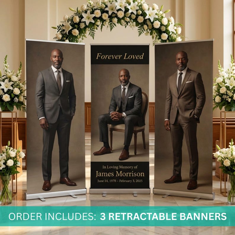 3 Retractable Memorial Banners Set, Funeral Photo Display, Celebration ...