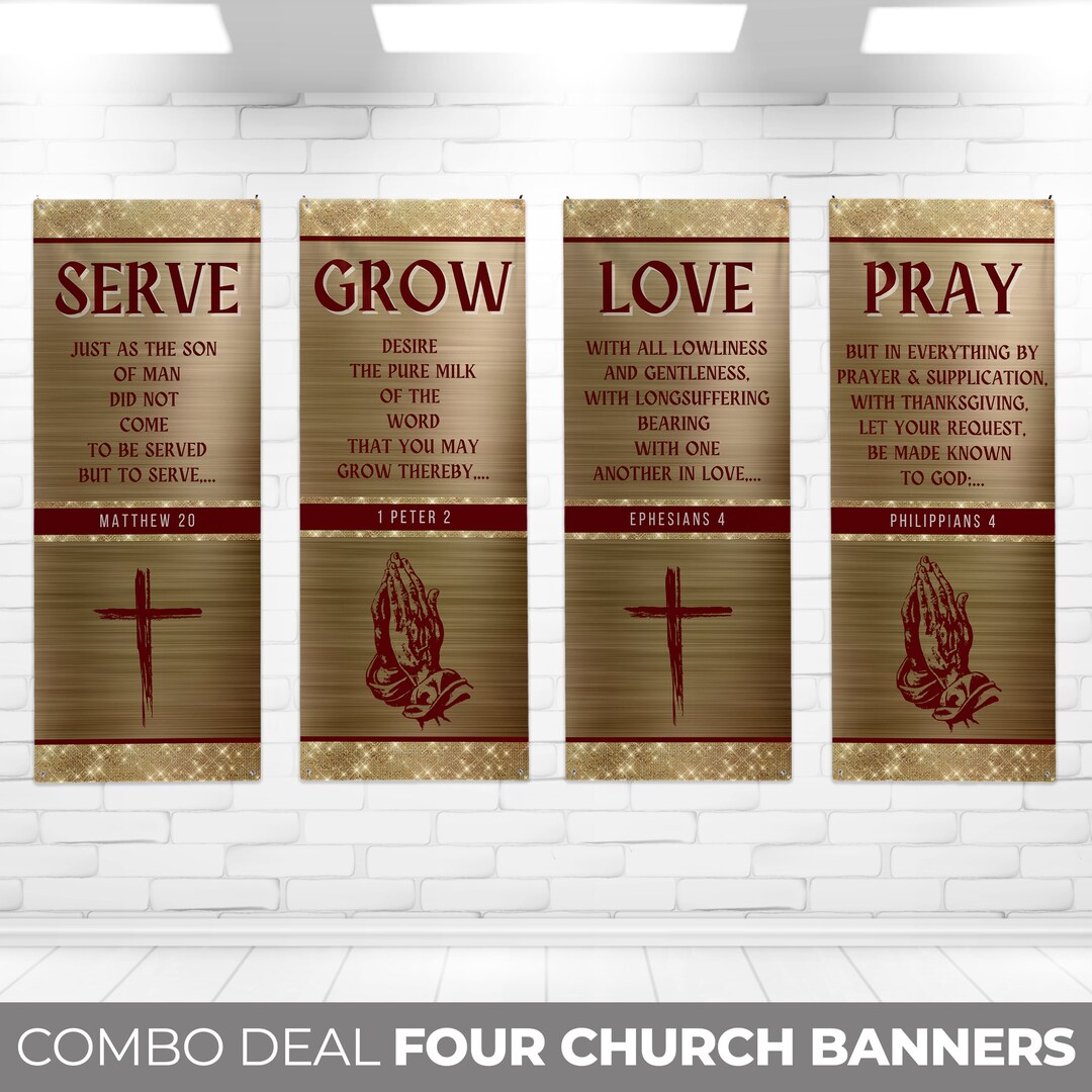 Set of 4 Church Banners, Serve, Grow, Love Pray, Church Banner Set ...