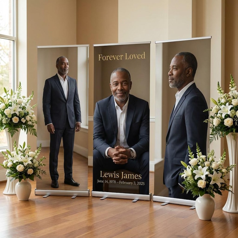 3 Retractable Memorial Banners Set, Funeral Photo Display, Celebration ...