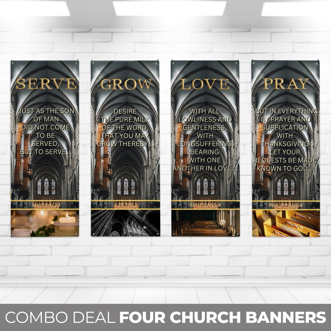 Set of 4 Church Banners, Serve, Grow, Love Pray, Church Banner Set ...