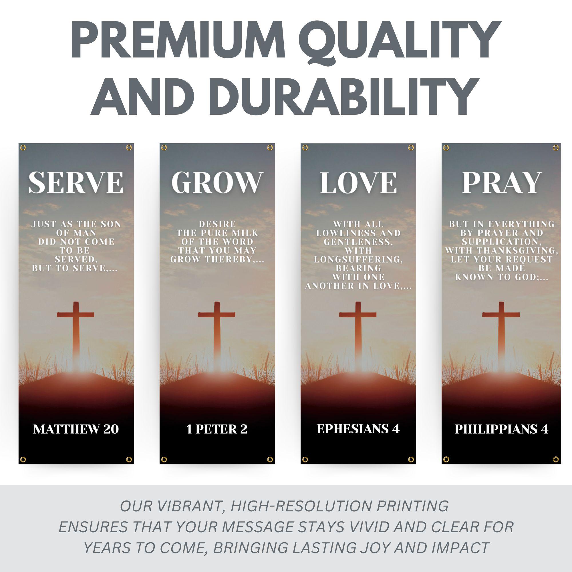 Set of 4 Church Banners, Serve, Grow, Love Pray, Church Banner Set ...