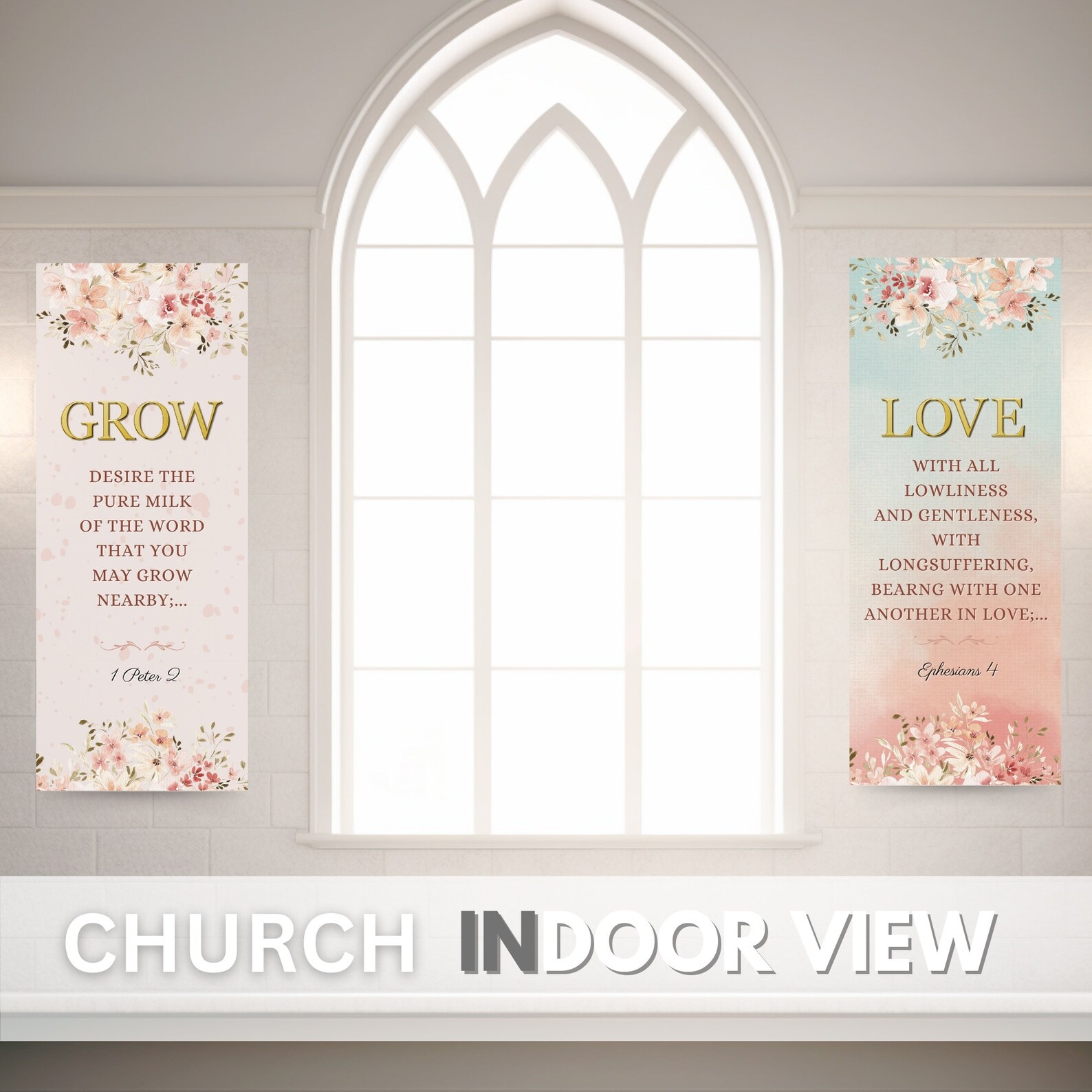 Set of 4 Church Banners, Serve, Grow, Love Pray, Church Banner Set ...